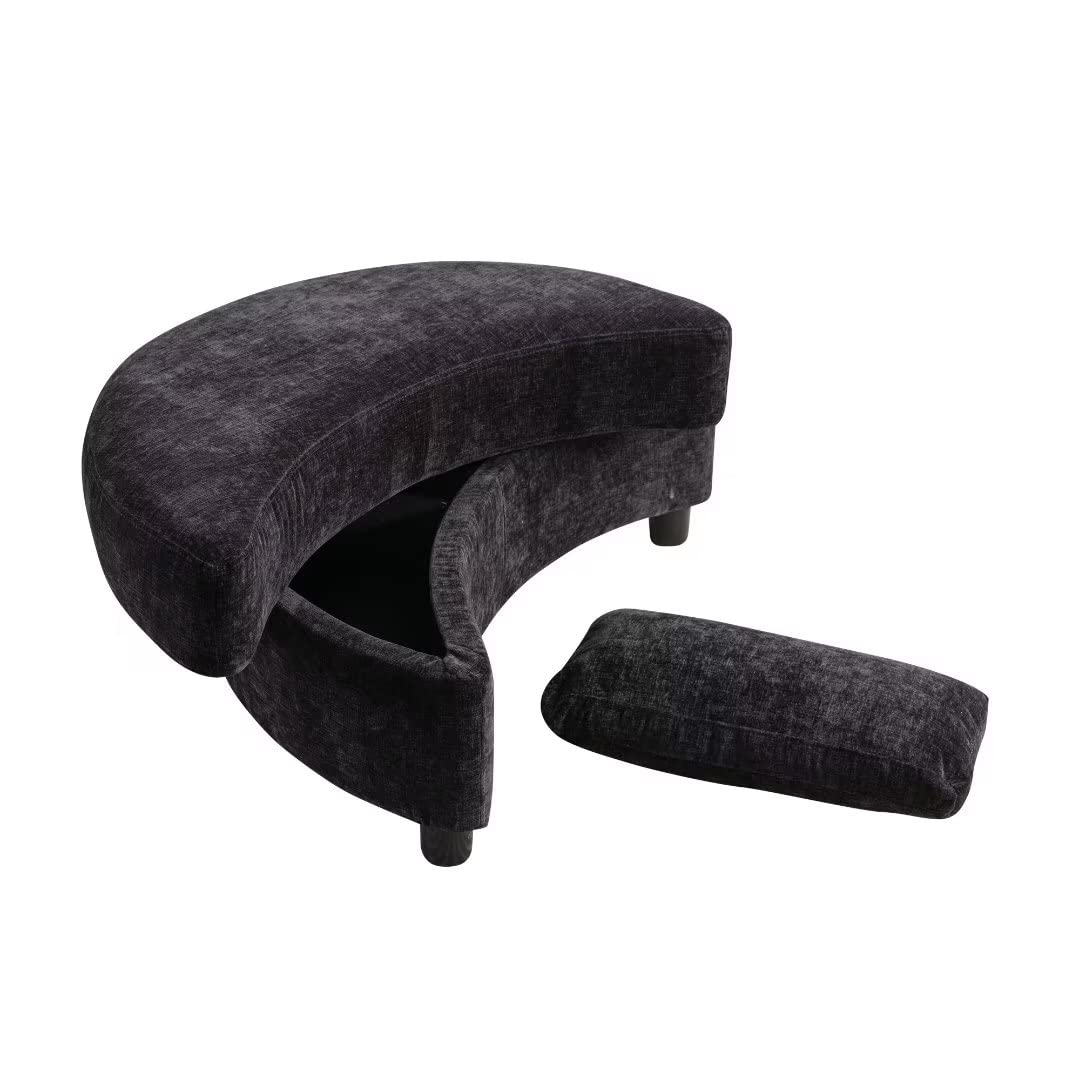 32.7" Half Crescent Moon Storage Bench, Chenille Upholstered Large Ottoman with Tray & Padded Seat, Side Table Dressing Shoe Bench Foot Rest for Living Room, Bedroom, Entryway, Hallway, Black