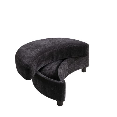 32.7" W Half Crescent Moon Storage Bench, Chenille Upholstered Large Ottoman with Tray & Padded Seat, Serve As Side Table Dressing Shoe Bench Foot Rest for Living Room, Entryway, Hallway, Black