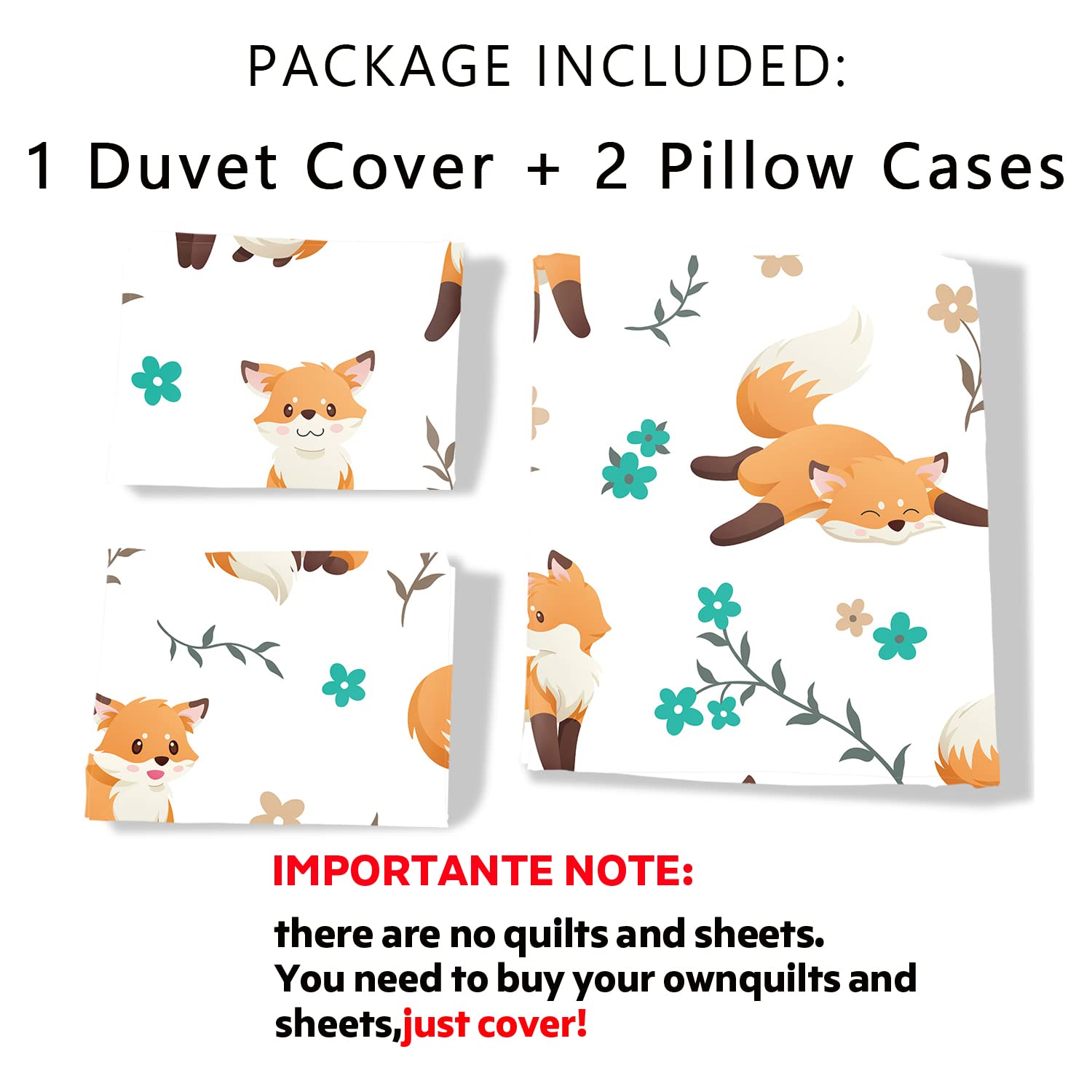 AILONEN Fox Duvet Cover Set,Fox Bedding Set Full Size,Animal Pattern Printed Comforter Cover Set for Kids,1 Quilt Cover 2 Pillowcases 3 Piece