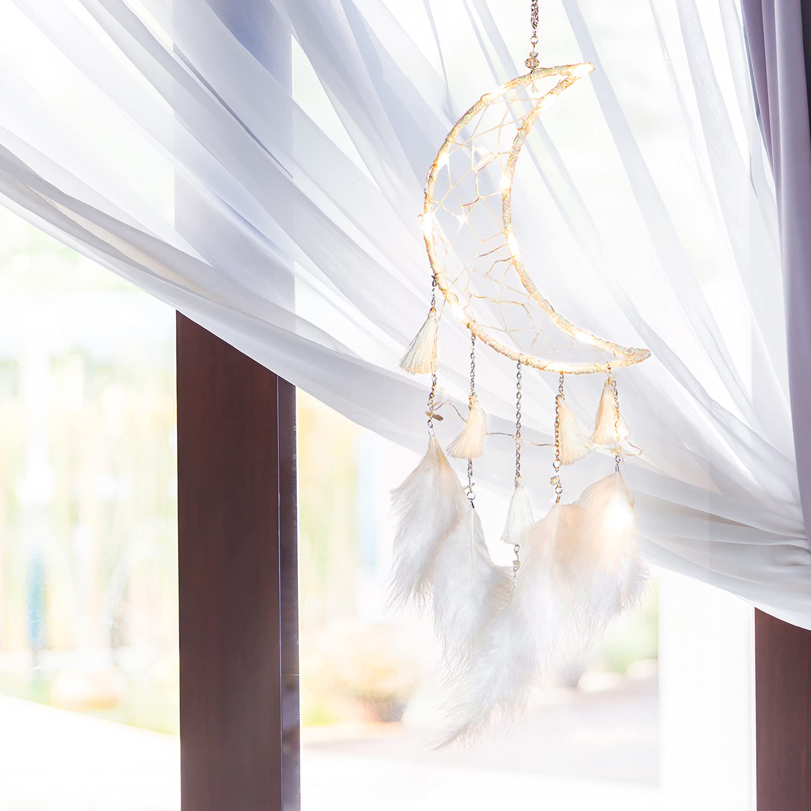 3 Pieces LED Dream Catcher Handmade Chain Dream Catcher Moon Sun Star Bohemian Design Home Decor for Wall Hanging Home Decoration