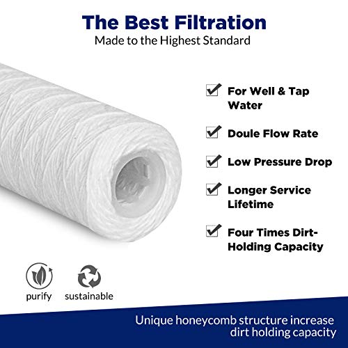 42 Pack of 10 Micron 10"x2.5" String Wound Whole House Water Filter Replacement Cartridge by Membrane Solutions, Universal Sediment Filters for Well Water, Compatible with WFPFC4002, CW-F, CW-MF, WP-5