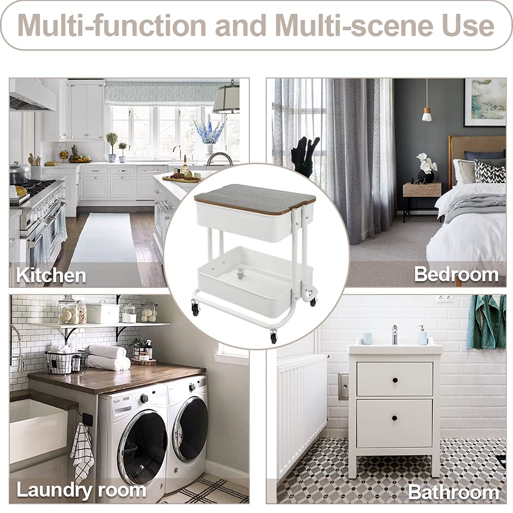 2 Tier Metal Utility Rolling Cart Storage Organizer with Cover Board, Mobile Trolley Sofa Side Table with Wheels for Office Home Kitchen Organization, White
