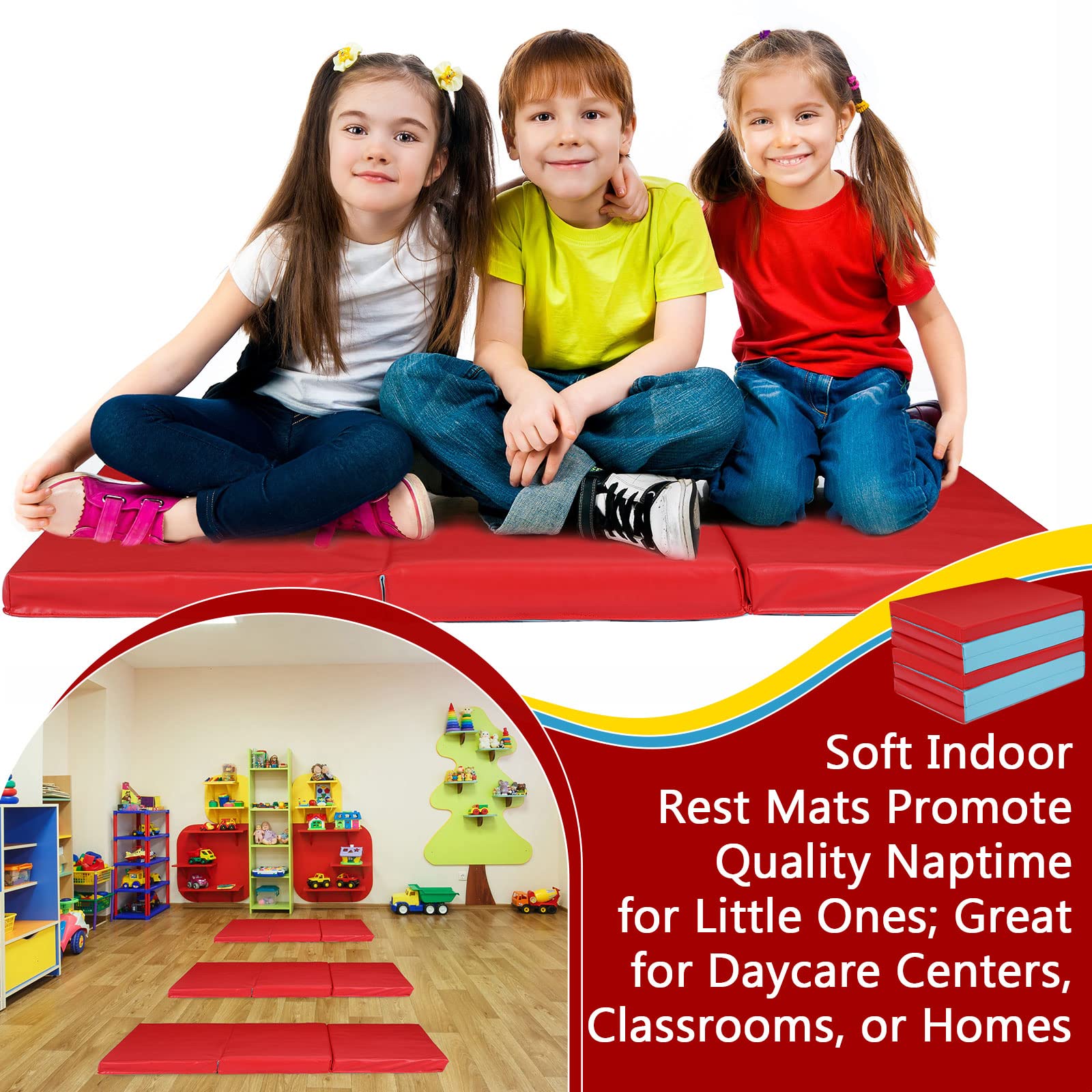 6 Pack Folding Rest Mats Folding Sleeping Mats for Kids 2 Inch Classroom Rest Mat Portable Children's Nap Mats for School Daycare Travel Home (2 Fold, 3 Section)