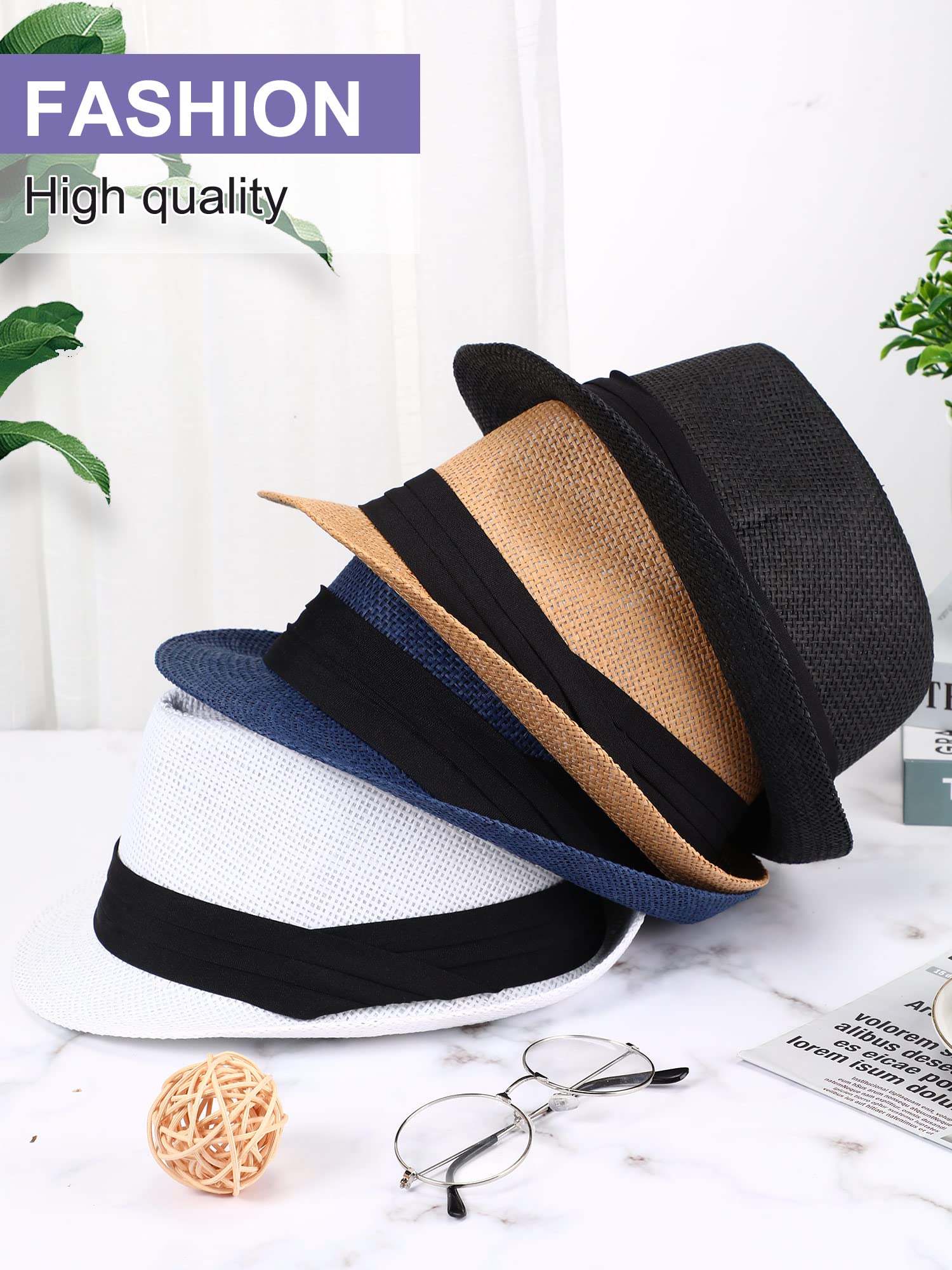 4 Pieces Straw Hats for Men Women Summer Panama Short Brim Hat with Black Band (Retro Style)