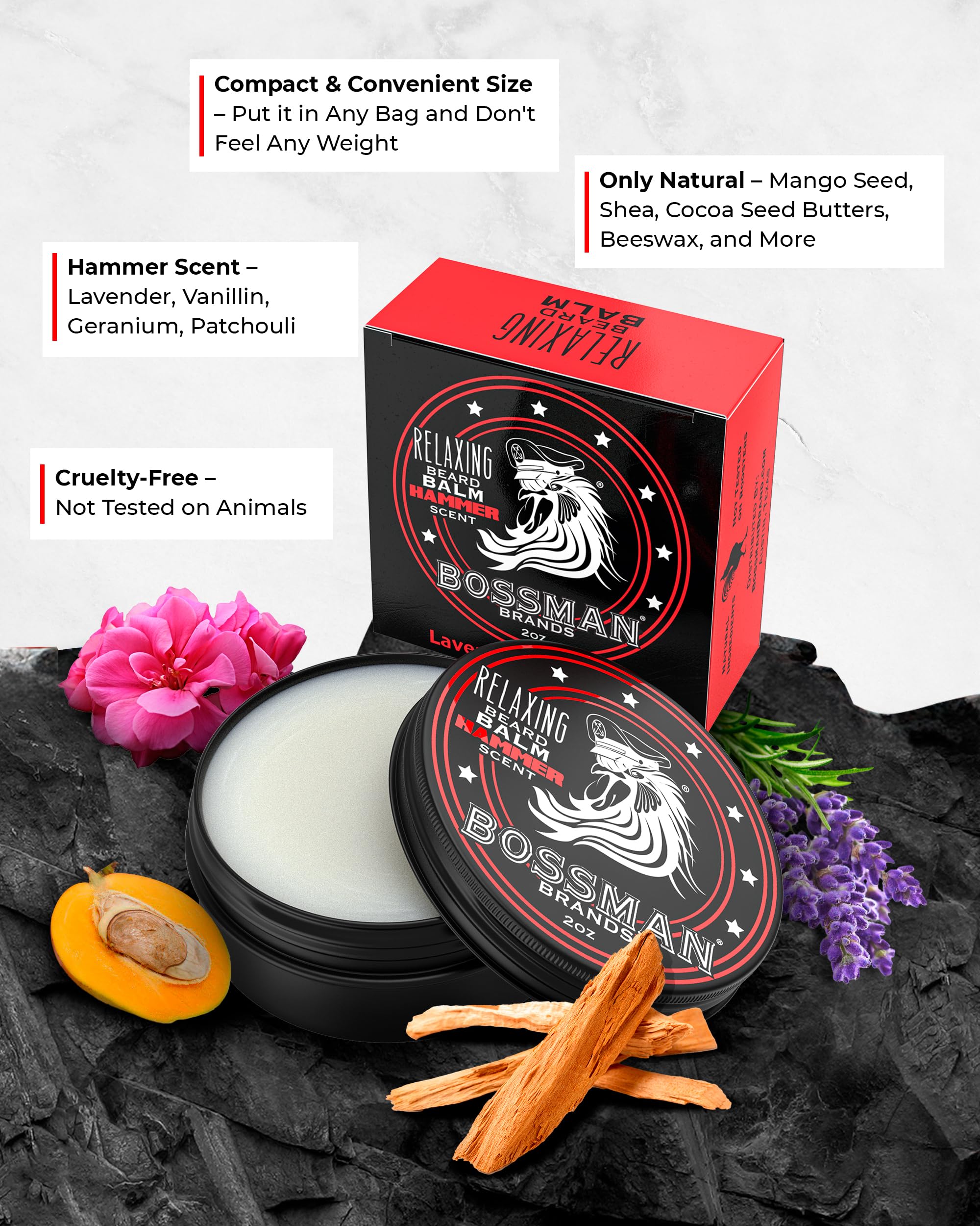 Bossman Relaxing Beard Balm - Beard Tamer, Relaxer, Thickener and Softener Cream - Beard Care Product - Made in USA (Hammer Scent)