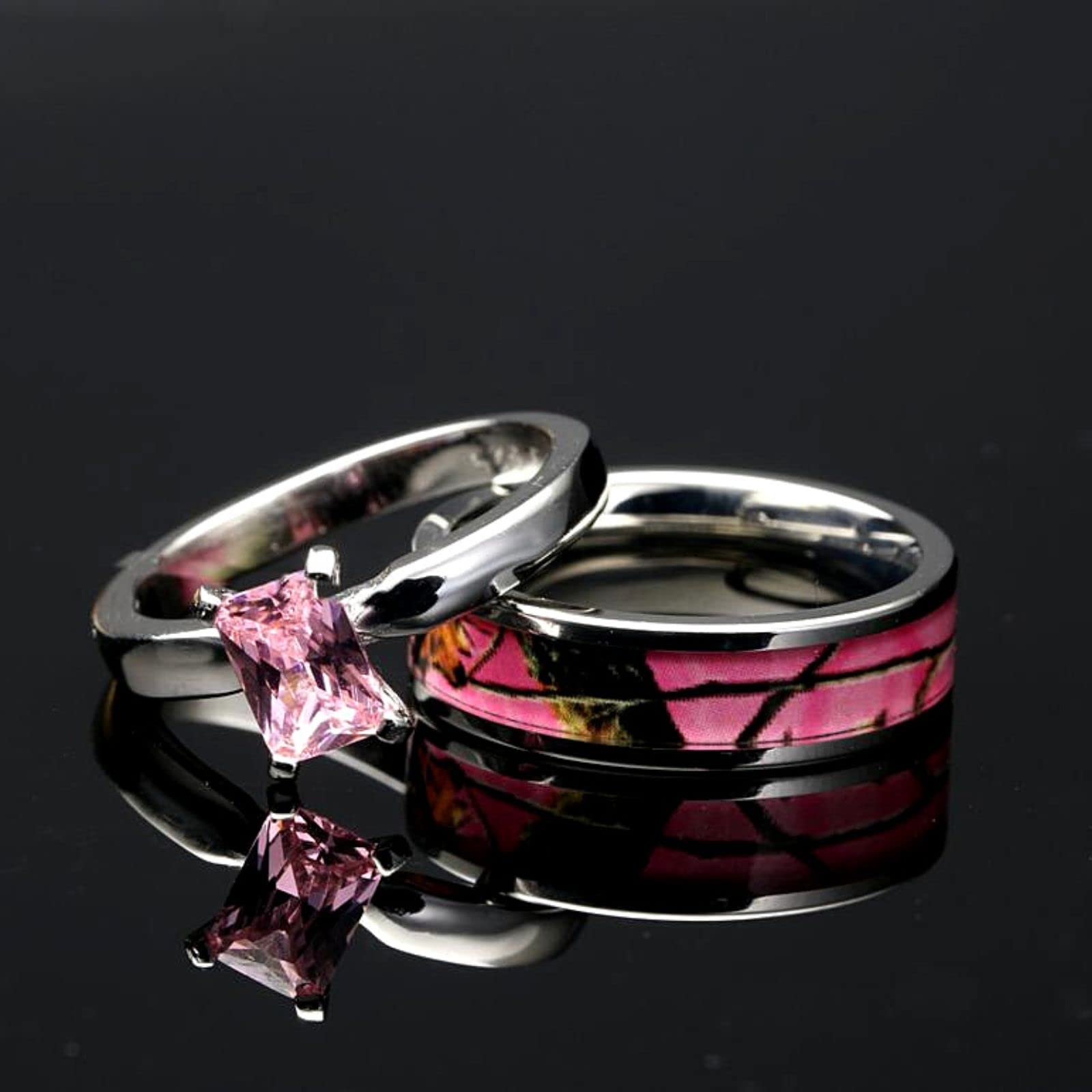3 pieces Pink Women`s Stanless Steel Camo and Sterling Silver Tourmaline Engagement Wedding Rings Set (7)