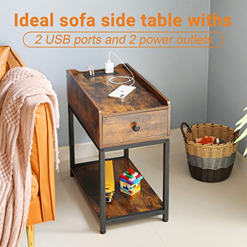 AMHANCIBLE End Table Living Room with Charging Station, Narrow Nightstand with USB Ports & Power Outlets, Slim Bedside Table for Small Spaces, Bedroom, Rustic Brown HET04LDBR1
