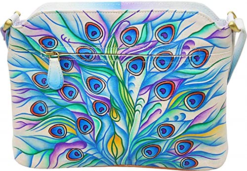 Magnifique Hand Painted Leather Peacock Crossbody Shoulder Bag Purse, Top Grain Cowhide, 1686-P