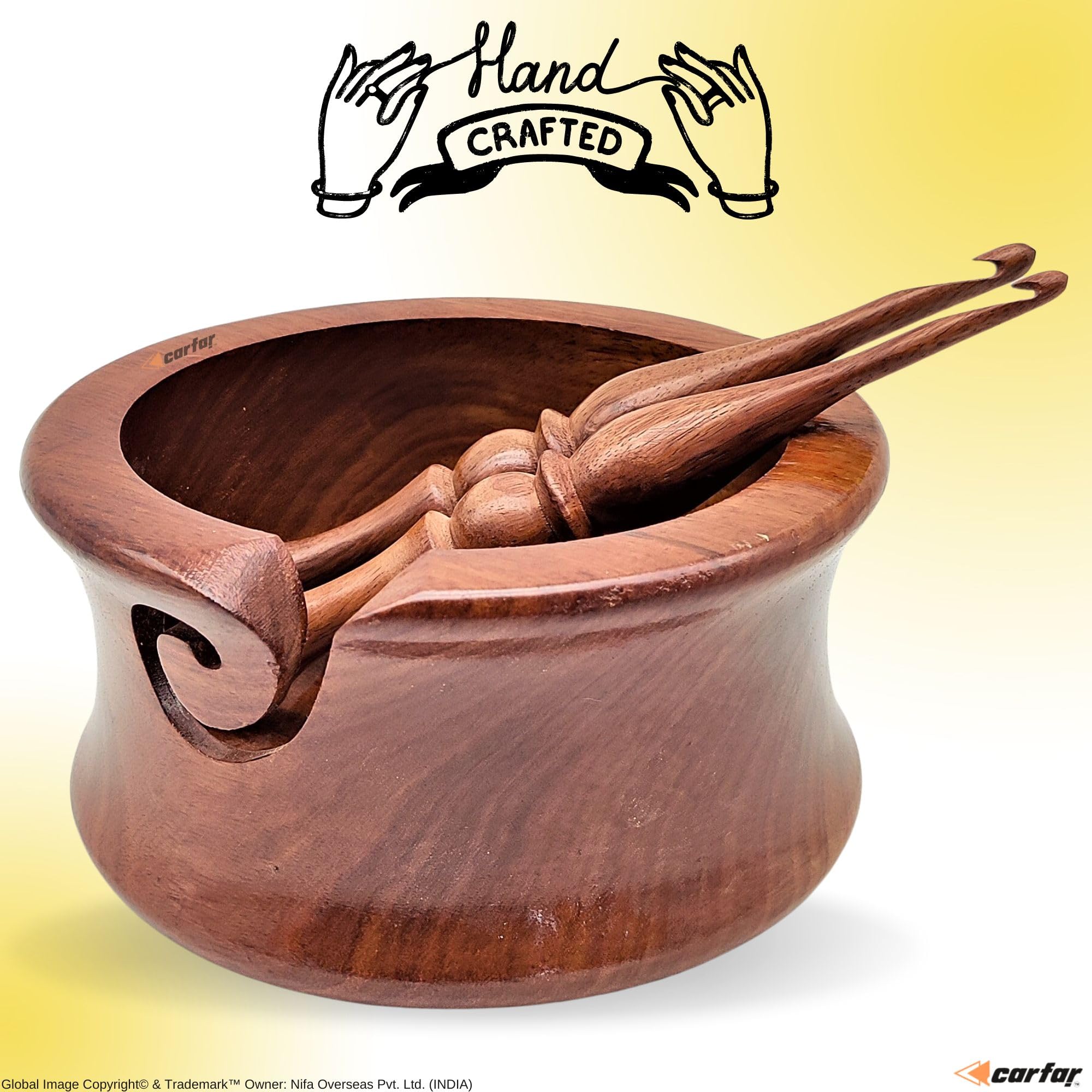 Carfar Knitting Yarn Bowl & Crochet Hooks Set Handmade Wooden Yarn Holder Bowl for Craft Crocheting and Knitting