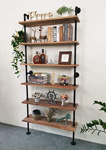 Anynice 6 Tier Industrial Ladder Pipe Shelf Bookcase, Rustic Wall Mounted Pipe Bookshelves for Decor and Storage
