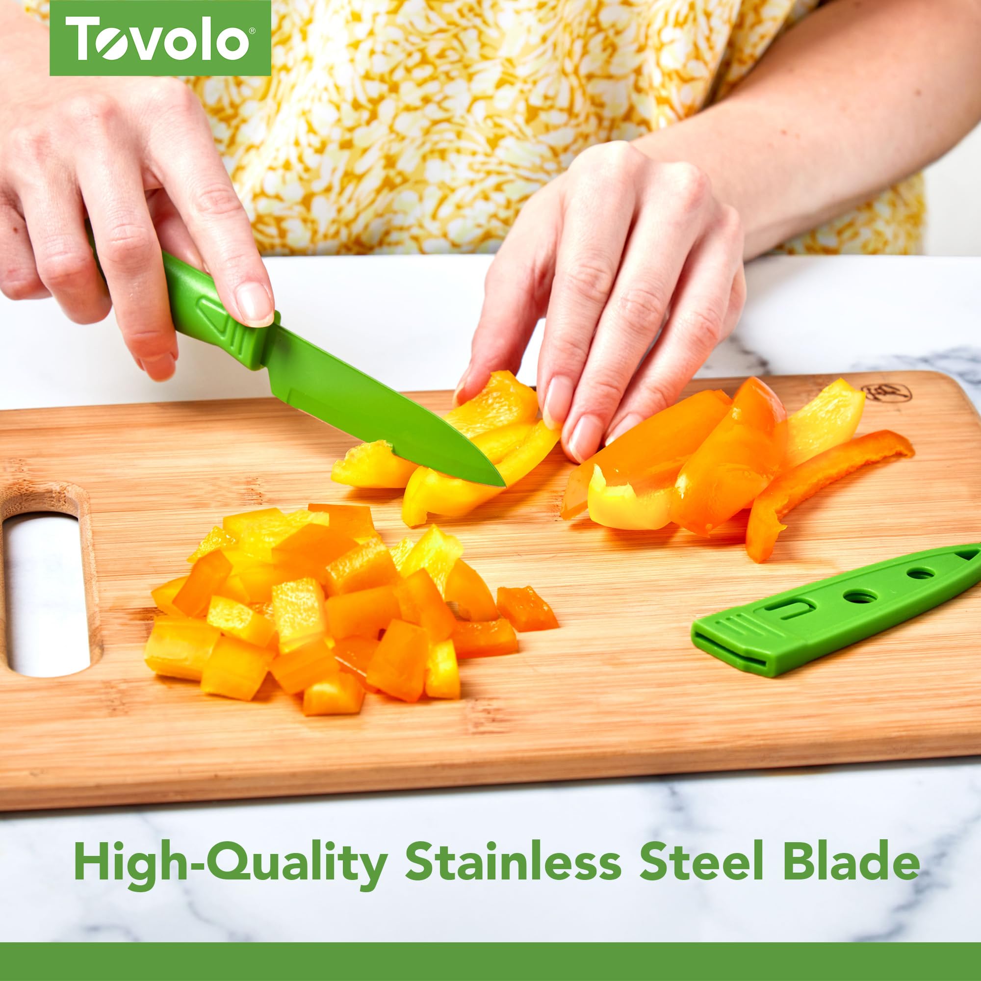 Tovolo 8", Set of 2 Paring Protective Blade Covers, Stainless Steel Kitchen Knives with Comfort-Grip Handles for Cutting & Slicing, Large, Chili Pepper/Lime