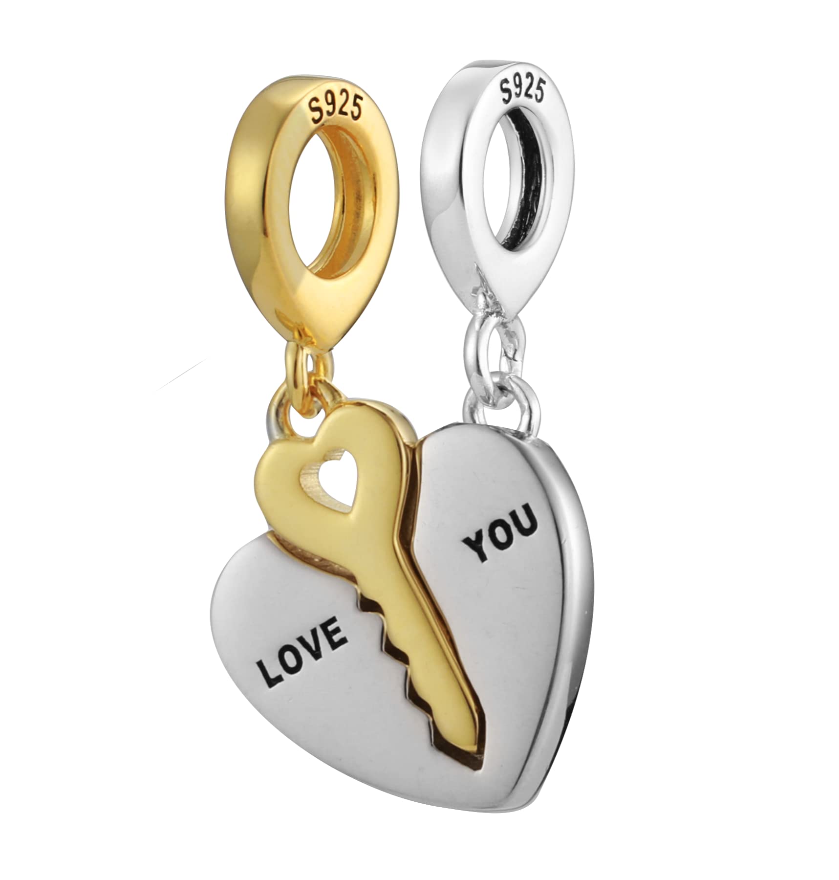 2pc Love You Heart Key Matching Couples BFF 925 Sterling Silver Charm Bead For Pandora & Similar Charm Bracelets or Necklaces