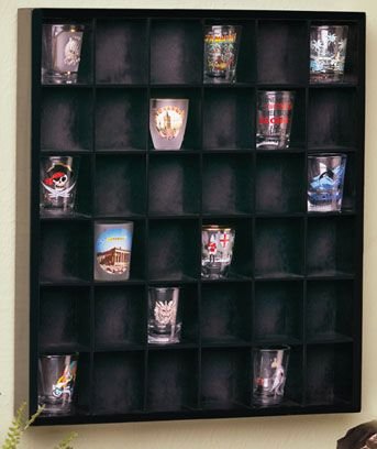 36-Cubby Shot Glass Display Case with Easy Wall Mounting Hooks - Durable Wood Construction with Sleek Black Finish - Versatile Use for Mini Collectibles