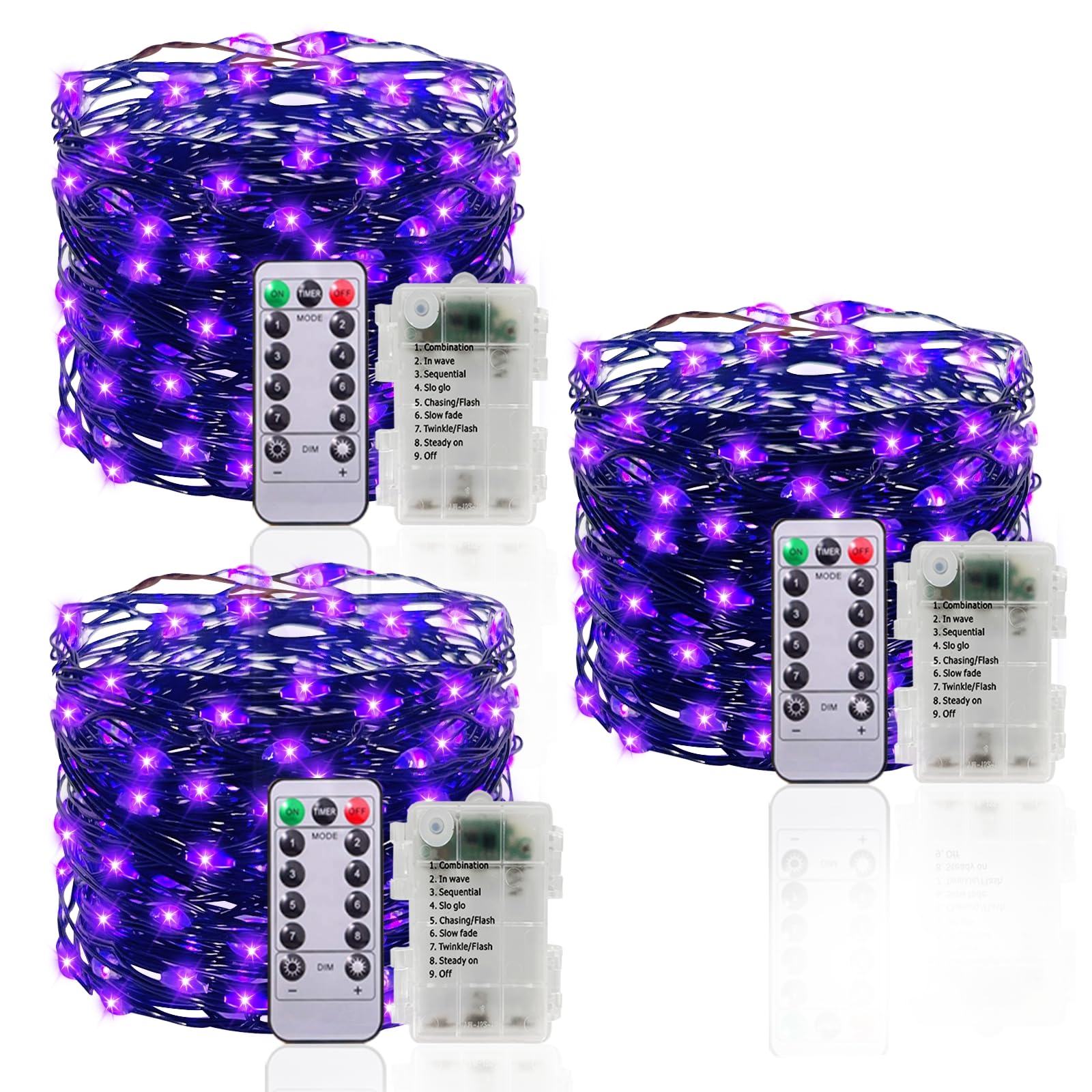 3 Set Halloween String Lights with Timer, Purple Battery Powered Copper Wire Fairy Lights, Halloween Decoration Outside Yard Party Home Indoor Outdoor, 33 Ft 100 LED Each