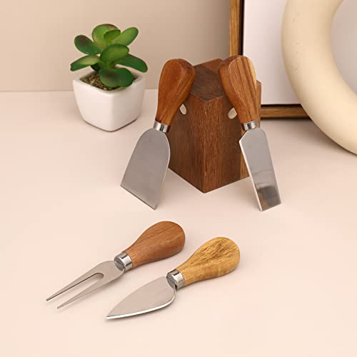 olelo 4 Pieces Cheese Knives Set Includes 4 Stainless Steel Cheese Slicer Cheese Cutter with Wooden Handle & 1 Wooden Magnetic Block Standā¦