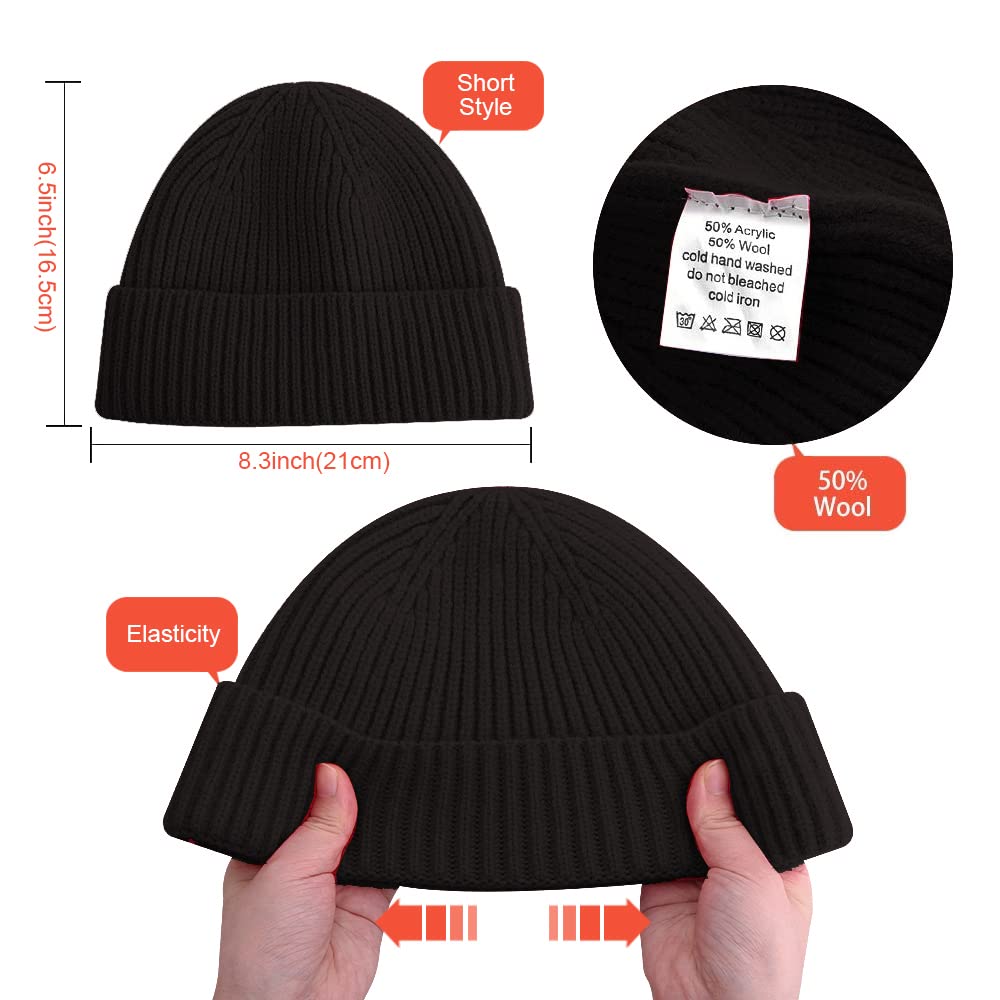 3 Pieces Short Fisherman Beanie for Men Women, Swag Wool Knit Cuff Trawler Skullcap,Winter Warm Hats