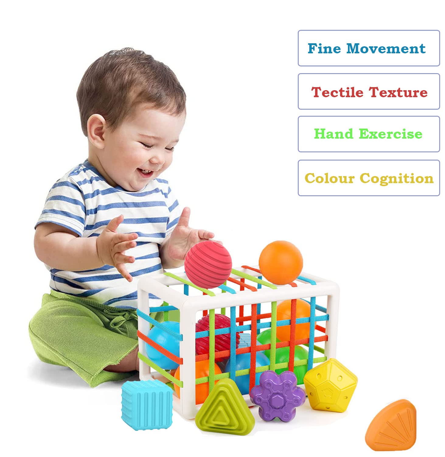 Ingooood Baby Shape Sorting Toy,Sensory Sorting Bin with Elastic Bands,Montessori Toys for 1-3 Year Old (Classic-12 Piece)