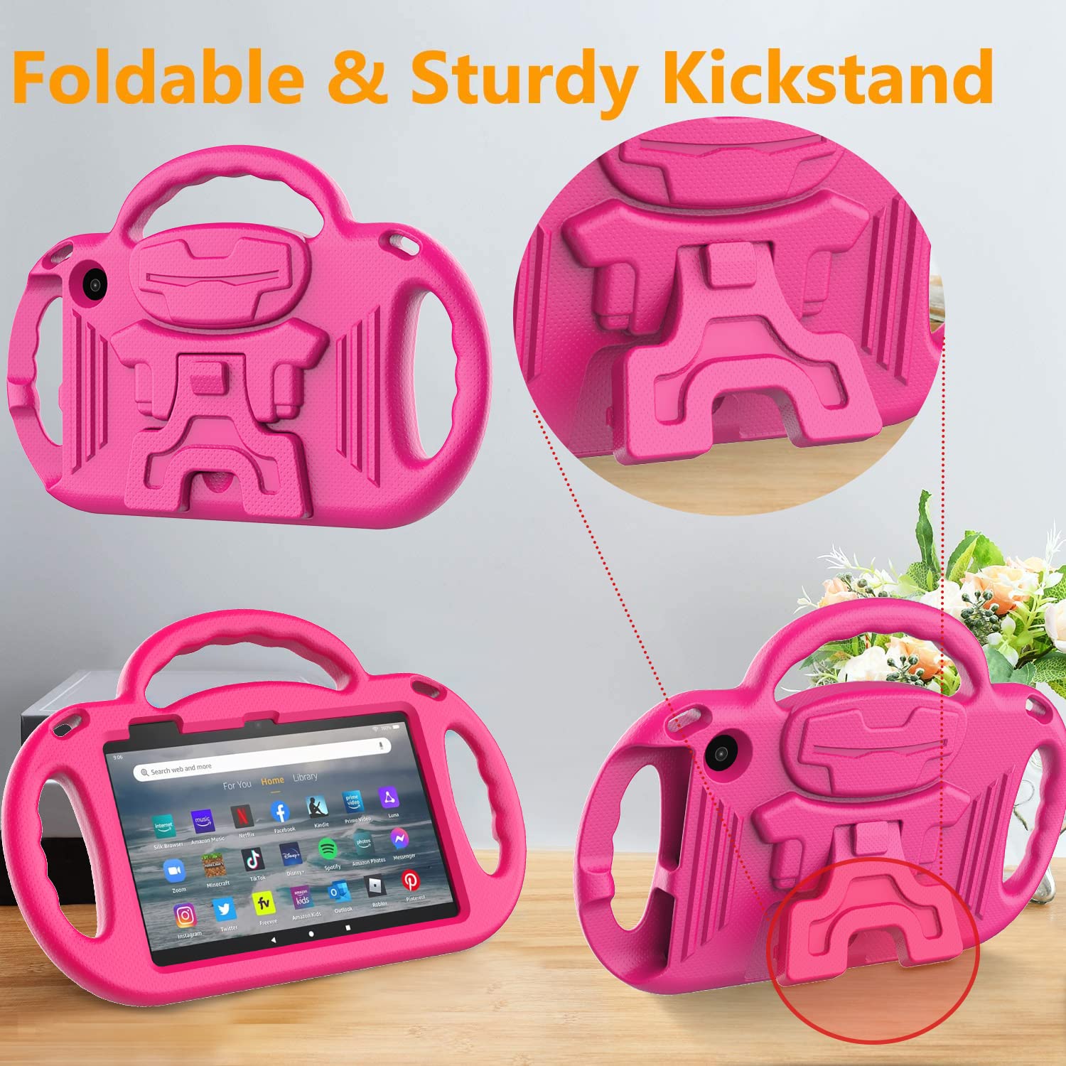 All-New Fire 7 Tablet Case (12th Generation,2022 Release), Fire 7 Tablet Case for Kids, with Shoulder Strap, MENZO Shockproof Light Weight Kids Case for Amazon fire 7 Tablet 7” Display 2022, Rose