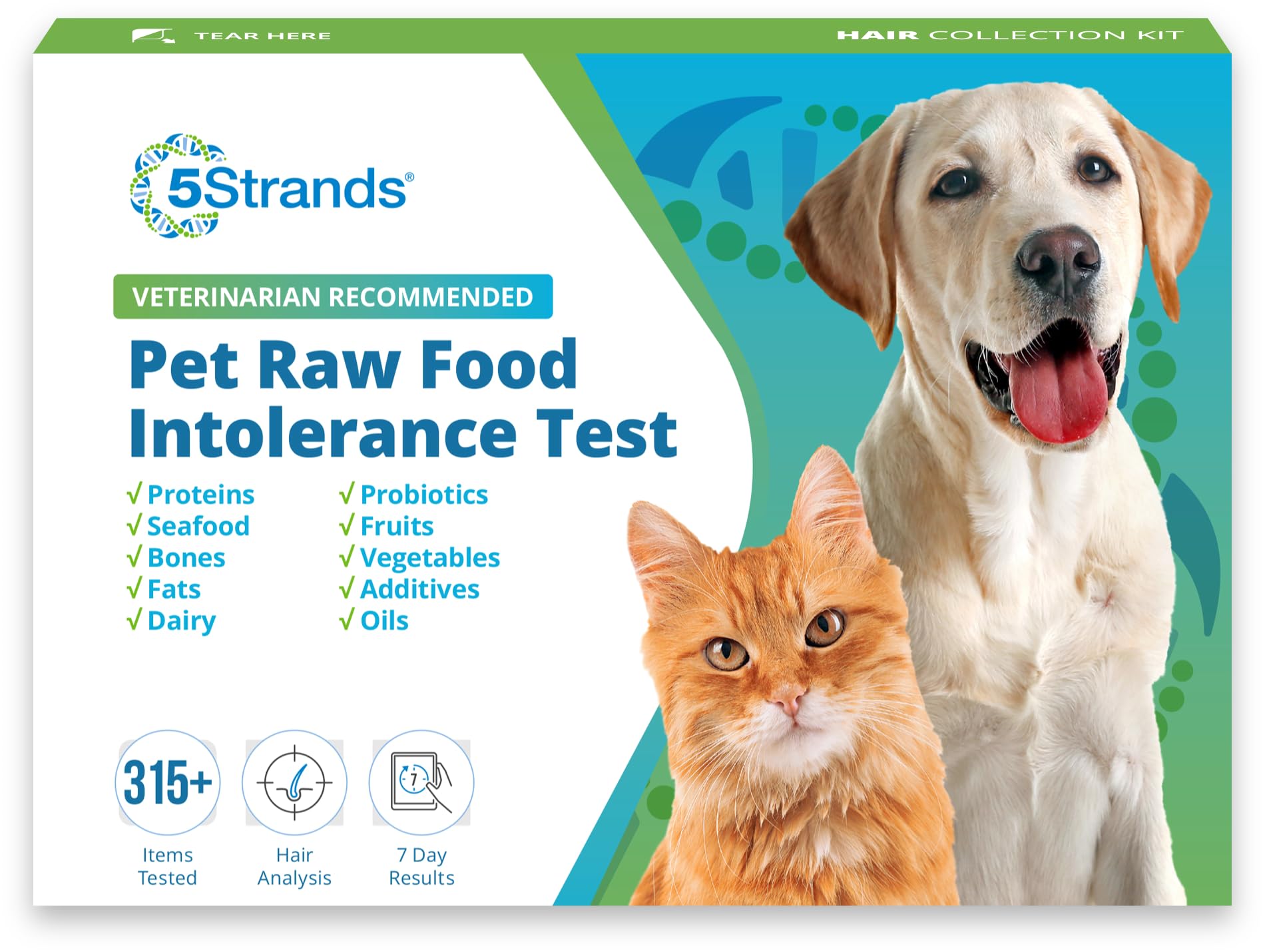 5Strands Pet Raw Food Intolerance Test, at Home Sensitivity Test for Dogs & Cats, 315 Items, Hair Analysis, Accurate for All Ages and Breed, Results in 5 Days - Chicken, Beef, Duck