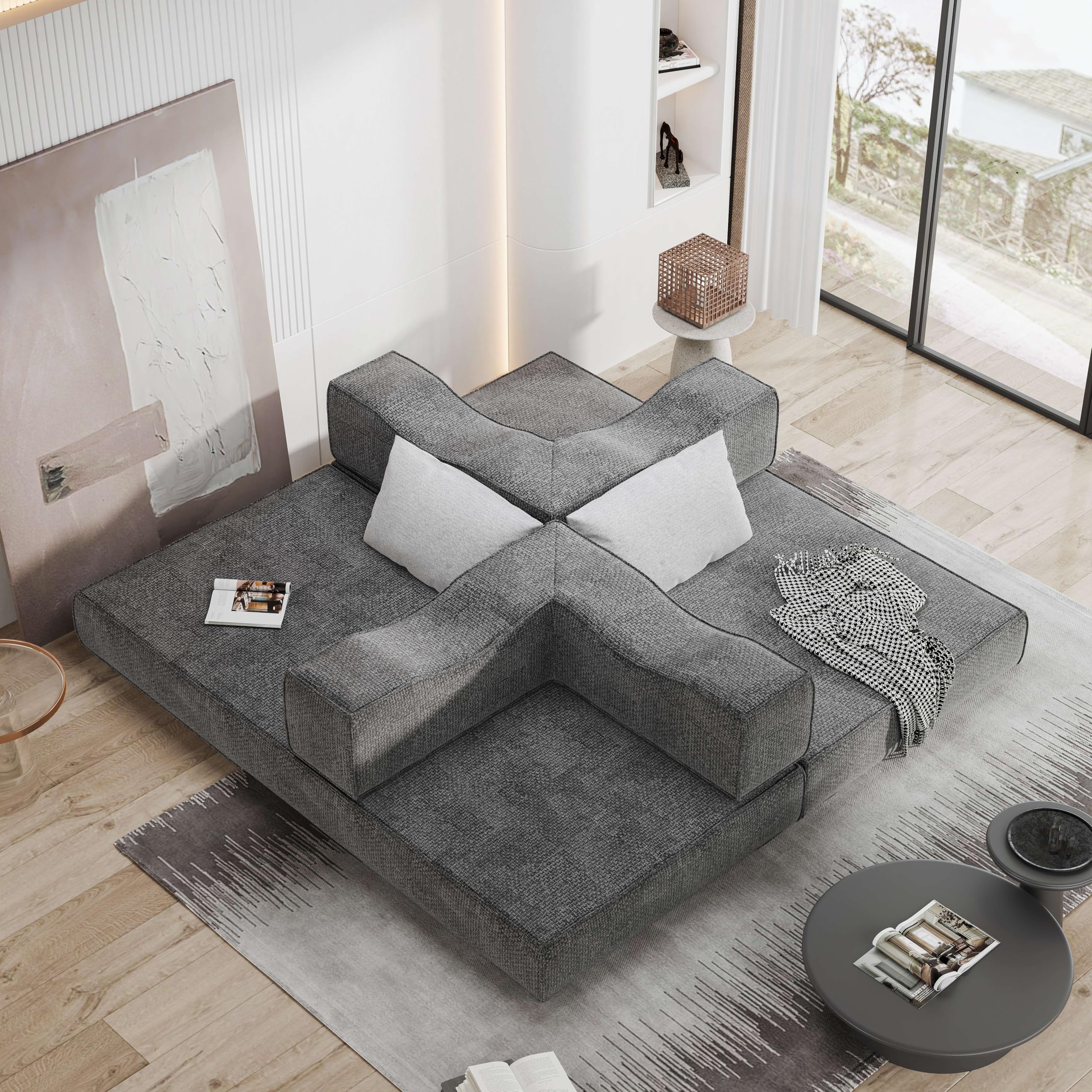 80" Folding Floor Sofa Bed Modular Futon Couch Bed with 2 Pillows 3-Seat Folding Sleeper Sofa&King Size Bed Mattress,DIY Combination Convertible Chenille Sofa Bed for Living Room Apartment (Grey)
