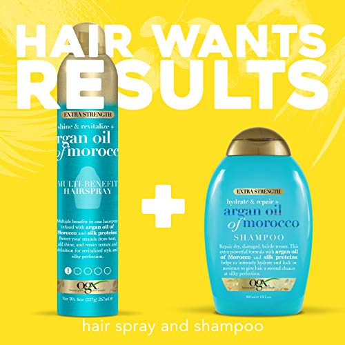 OGX Revitalize + Argan Shine Extra Strength Multi-Benefit Heat Protection Hairspray with Argan Oil & Silk Proteins, Tame Frizz & Non-Greasy Shine, Morocco, 8 Ounce