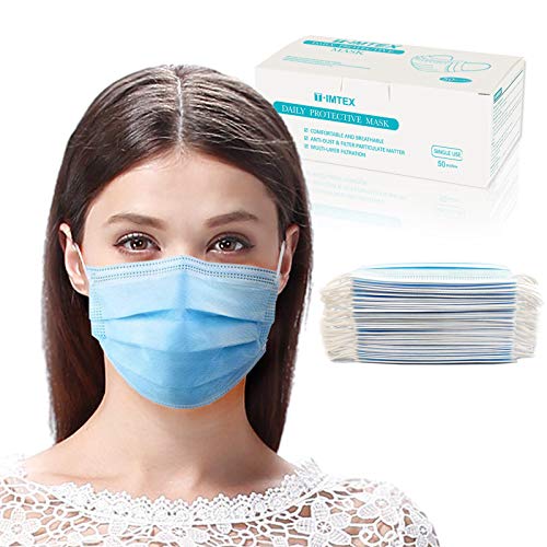 T·IMTEX Disposable Protective Face Mask, Breathable 3 Ply Masks with Earloops,with Melt-Blown Cloth (Blue 50pcs)