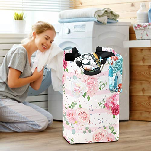 Laundry Basket Pink Rose Flowers Laundry Hamper Portable Foldable Clothes Organizer with Handles Storage Bag for Kids Room Bathroom
