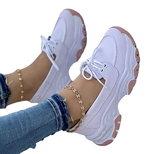 2023 Women's Platform lace-up Trainers, Breathable, Casual, Flat Running Shoes, Fashionable, Comfortable, Round Toe Single Shoes,White,39