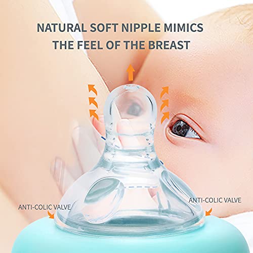 Baby Bottle Glass Wide Neck, Closer to Breastfeeding, Slow Flow Nipple, Anti-Colic, 4 Ounce, 2 Count (Blue)