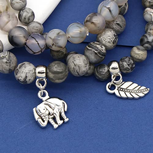 C&L Accessories Chakra Beaded Bracelets For Women Men Teens 3 Pcs Healing Bracelets Natural Gemstone Bead Ball Stretchable Bracelet Set with Elephant Leaf Pendant Charm (Gray/Dragon Vein)