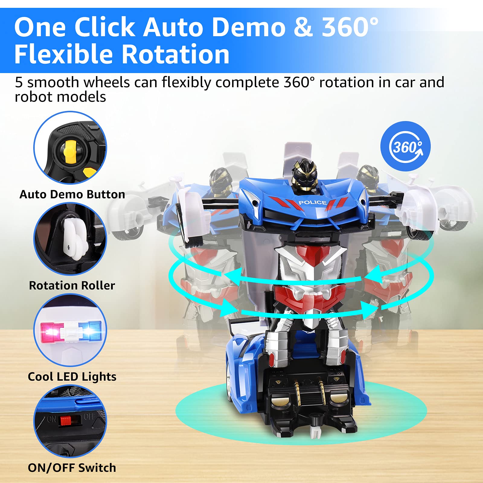 FAFUGANIA Remote Control Car, Transform Robot RC Car with One Button Deformation, 2.4Ghz 360 Degree Rotating Drifting Police Toy Cars, 1:18 Transforming Robot Boys Toys