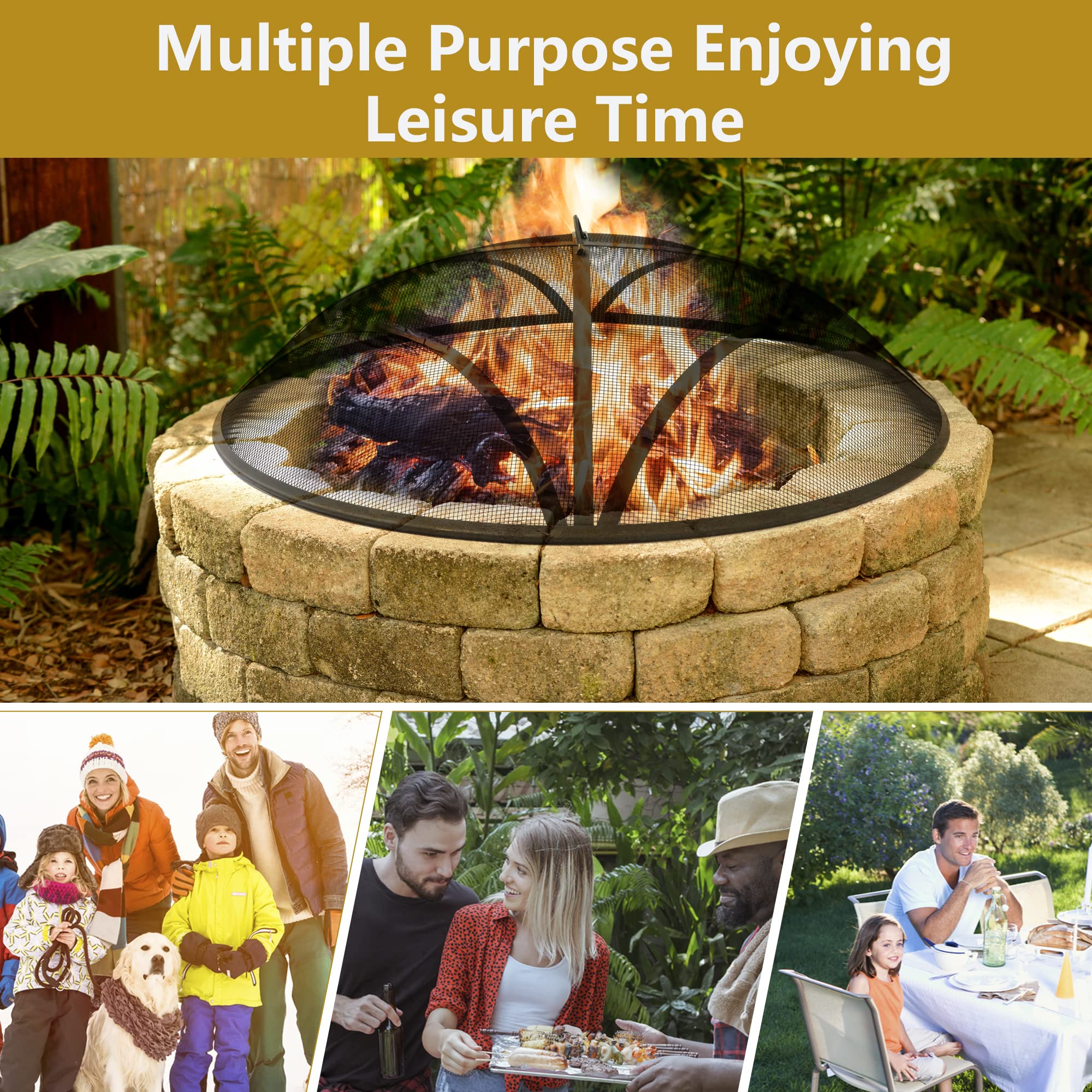 27In Reinforced Steel Round Fire Pit Screen Cover,Outdoor Patio Fire Pit Spark Screen,Heavy Duty Steel Mesh Firepit Ember Lid with Handle