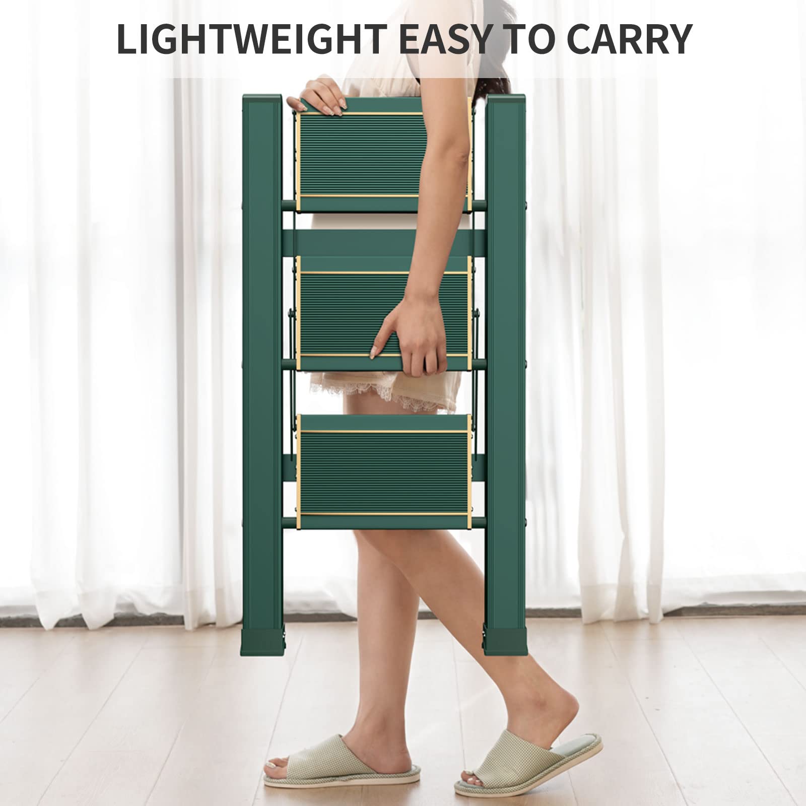 3 Step Ladder, Folding Step Stool with Wide Anti-Slip Gold Wide Pedal, Lightweight Aluminum Step Ladders for Adults, Multi-Functional Ladders with 330lbs Load Capacity for Home and Kitchen, Green