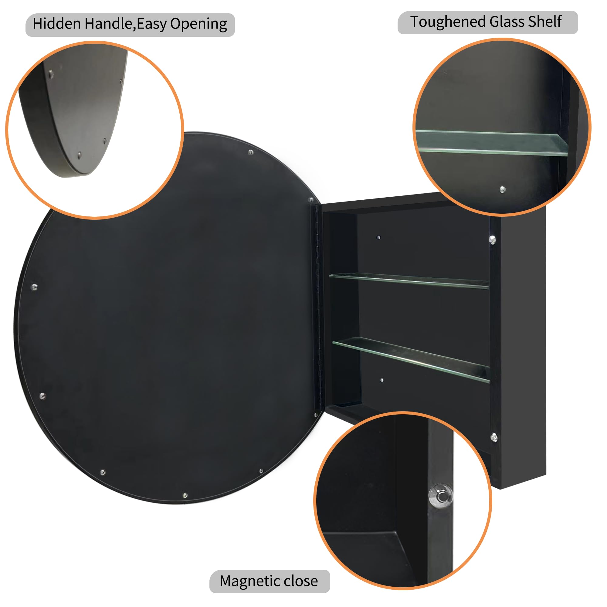HESONTH 28 x 28 Inch Round Medicine Cabinet Circular Bathroom Mirror Cabinet | Wall Surface Mounted Storage Cabinet | with Farmhouse Black Framed Mirrored Door