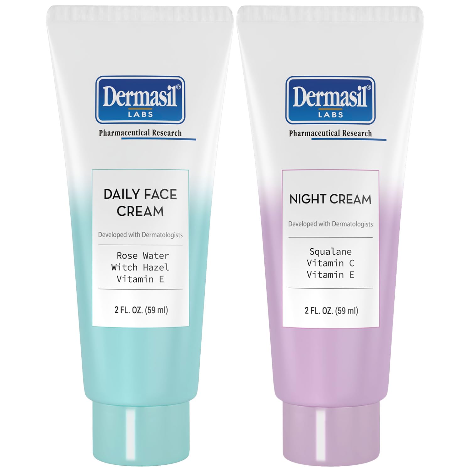 Dermasil Face Moisturizer Variety 2-Pack – Daily Face Cream with Witch Hazel and Rose Water + Night Cream with Vitamin C and Squalane, 2 Oz Ea