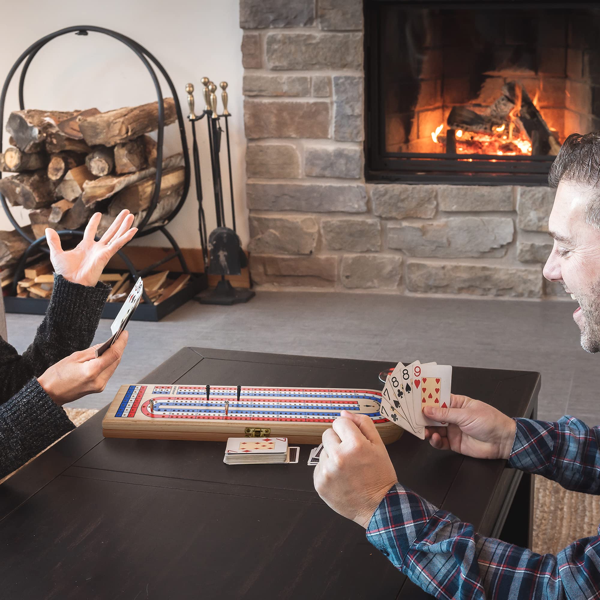 ropoda Cribbage Board Game, Classic 3 Track Board with 9 Cribbage Pegs, A Deck of Playing Cards and Storage Area, Portable and Foldable Wooden Board Game