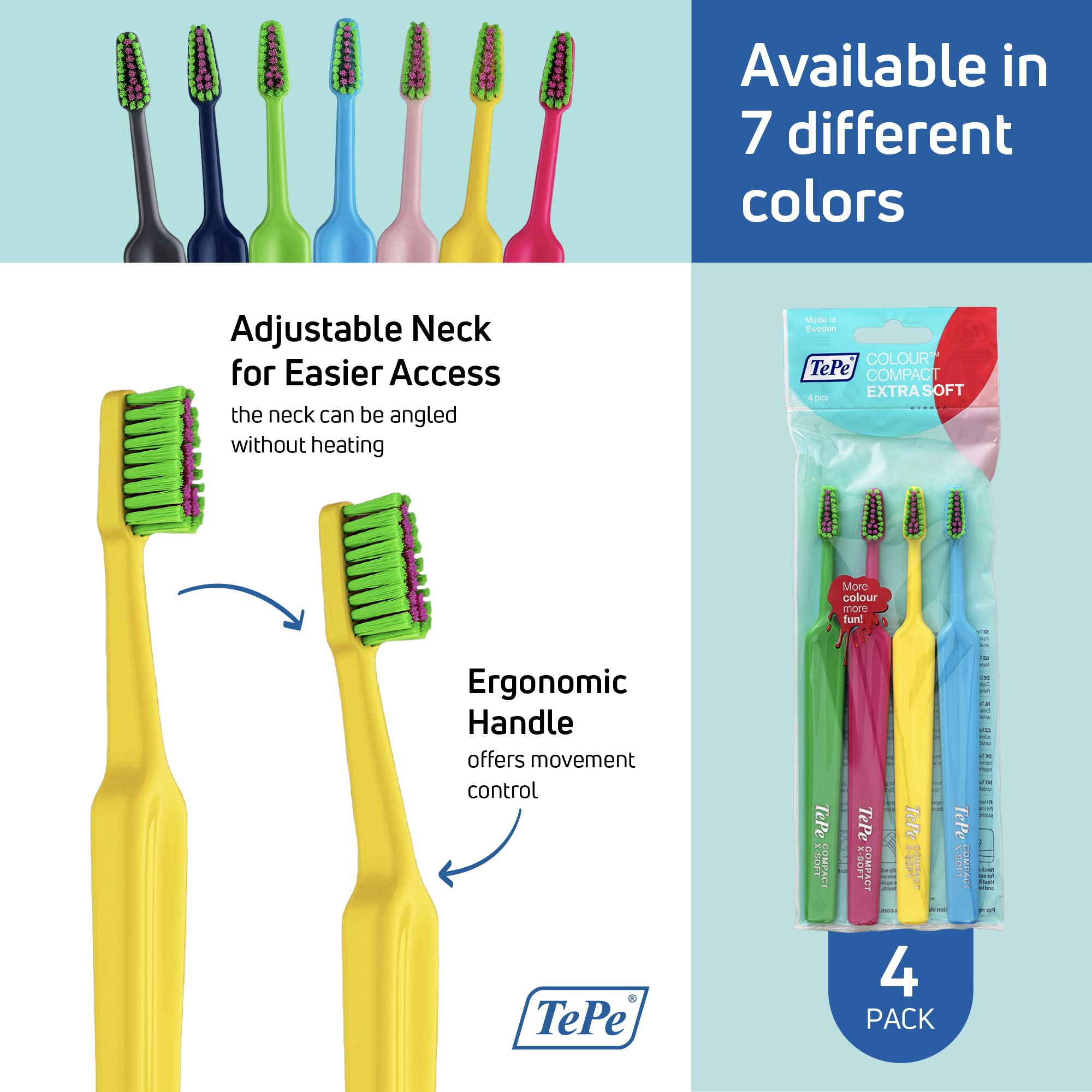 TEPE Colour Compact Extrasoft-Bristle Toothbrush, Colorful Toothbrush with Tapered Head and Angled Neck, 4 Pack