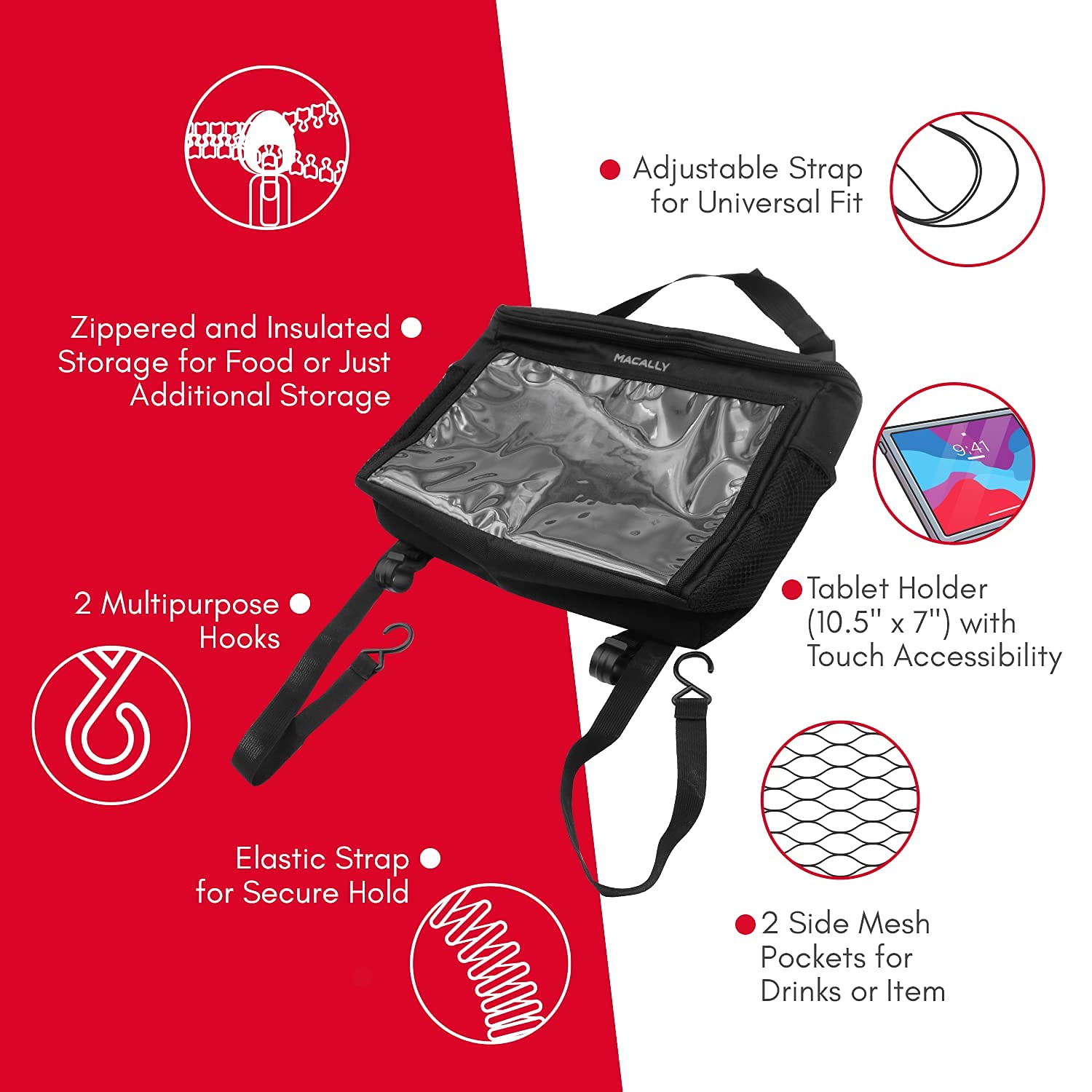 Macally Tablet Holder for Car Back Seat - A Must Have Organizer and Rear Facing Backseat iPad Holder for Kids on Long Drives - Hanger Case Compatible with Any Vehicle Headrest and Tablets up to 10.5”