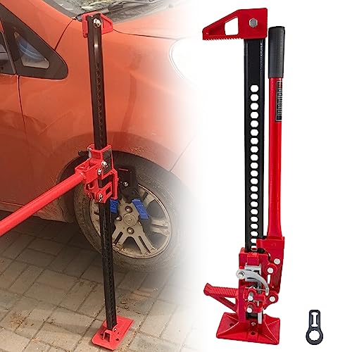 AoKuElec Heavy Duty Farm Jack 33 inch, High Lift Ratcheting Off Road Utility Jack with Wide Base, Cast and Steel, Stand 6000 lbs/3 Tons Capacity Red