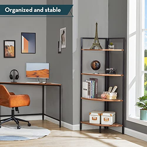 SAYGOER Corner Bookshelf 4 Tier Stand Storage Shelf Modern Black Bookcase Ladder Standing Shelves Display Rack Plant Stand for Small Spaces, Bedroom, Living Room,Walnut Oak