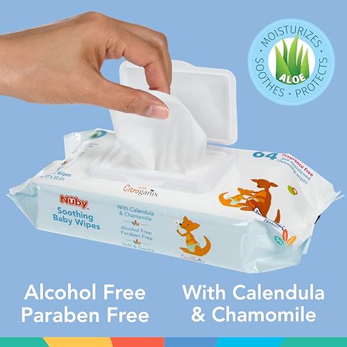 Nuby Soothing Baby Wipes Naturally Inspired with Chamomile Aloe and Citroganix (Fragrance Free/Extra Thick), Unscented, 64 Count