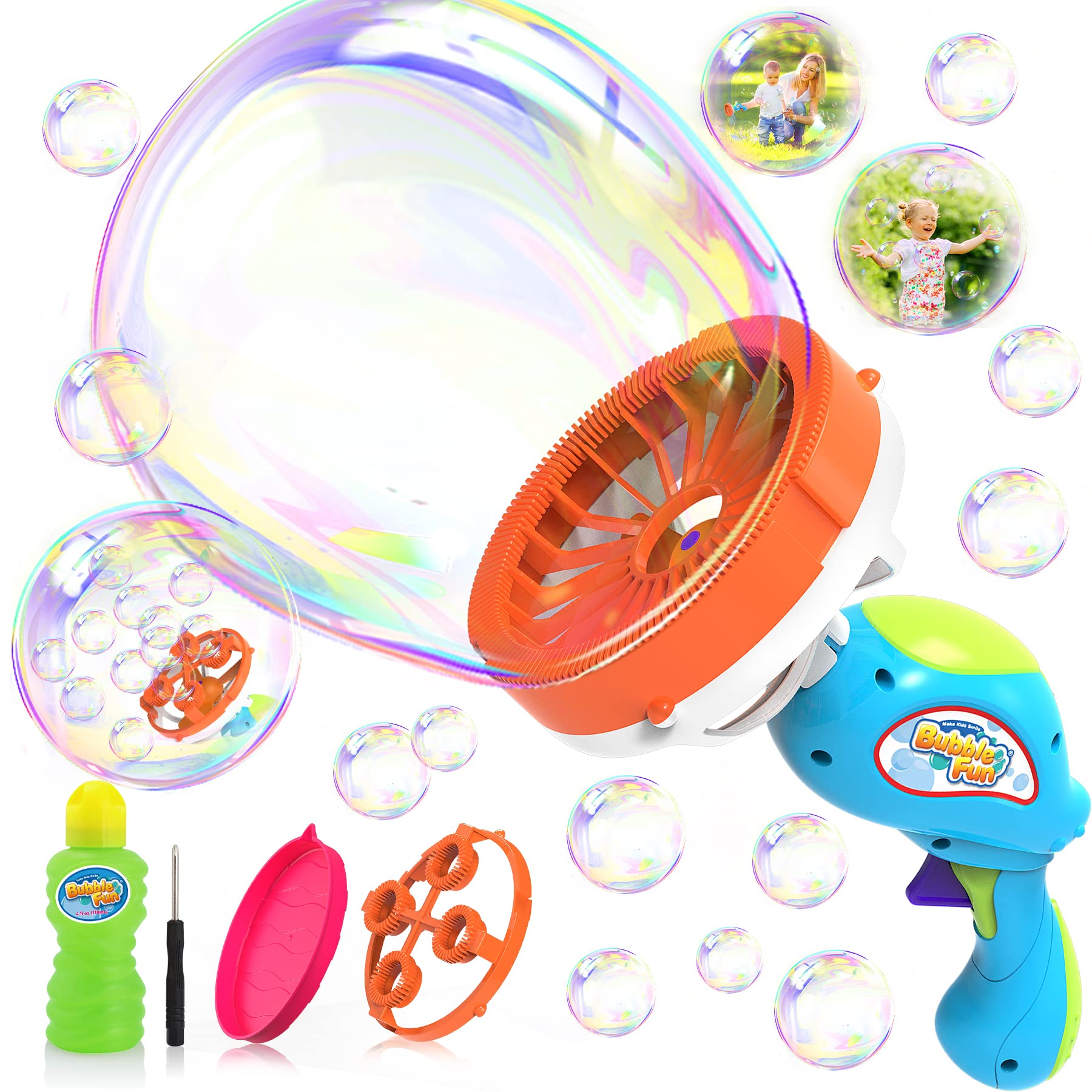 2 in 1 Bubble Gun Bubble Machine for Toddlers Kids, 2 Modes Large and Rich Small Bubbles for Kids 3-5 with Bubble Solution, Bubble Wand for Kids Outdoor Toys Birthday Gifts for 3 4 5 6 7 8 Years Old