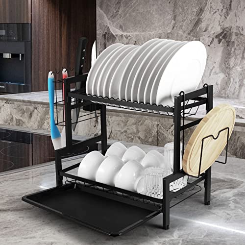 Flexzion 2 Tier Dish Drying Rack Drainboard Set, Kitchen Drying Rack Dish Drainer with Utensil Holder, Cup Hanger, Tray Plate Rack for Kitchen Countertop, Organizer, Storage Accessories, Black