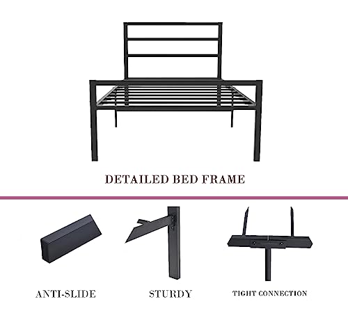4 EVER WINNER Twin Bed with Headboard and Footboard, 14 Inch Twin Size Metal Platform Bed Frame, Heavy Duty, No Box Spring Needed, Anti-Slip, Easy Assembly, Black