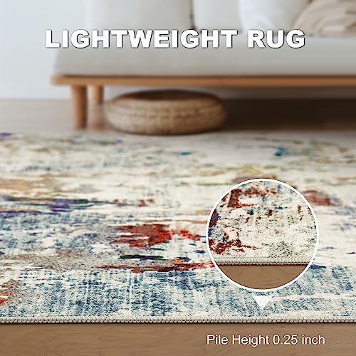 Area Rug Living Room Rugs - 8x10 Washable Large Modern Abstract Soft No Slip Indoor Rug Thin Floor Carpet for Bedroom Under Dining Table Home Office Decor - Blue
