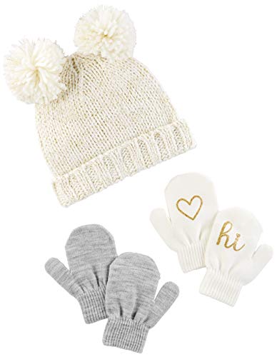 Simple Joys by Carter's Baby Hat and Mitten Set, Gold Glitter Print/Grey/Ivory, 12-24 Months