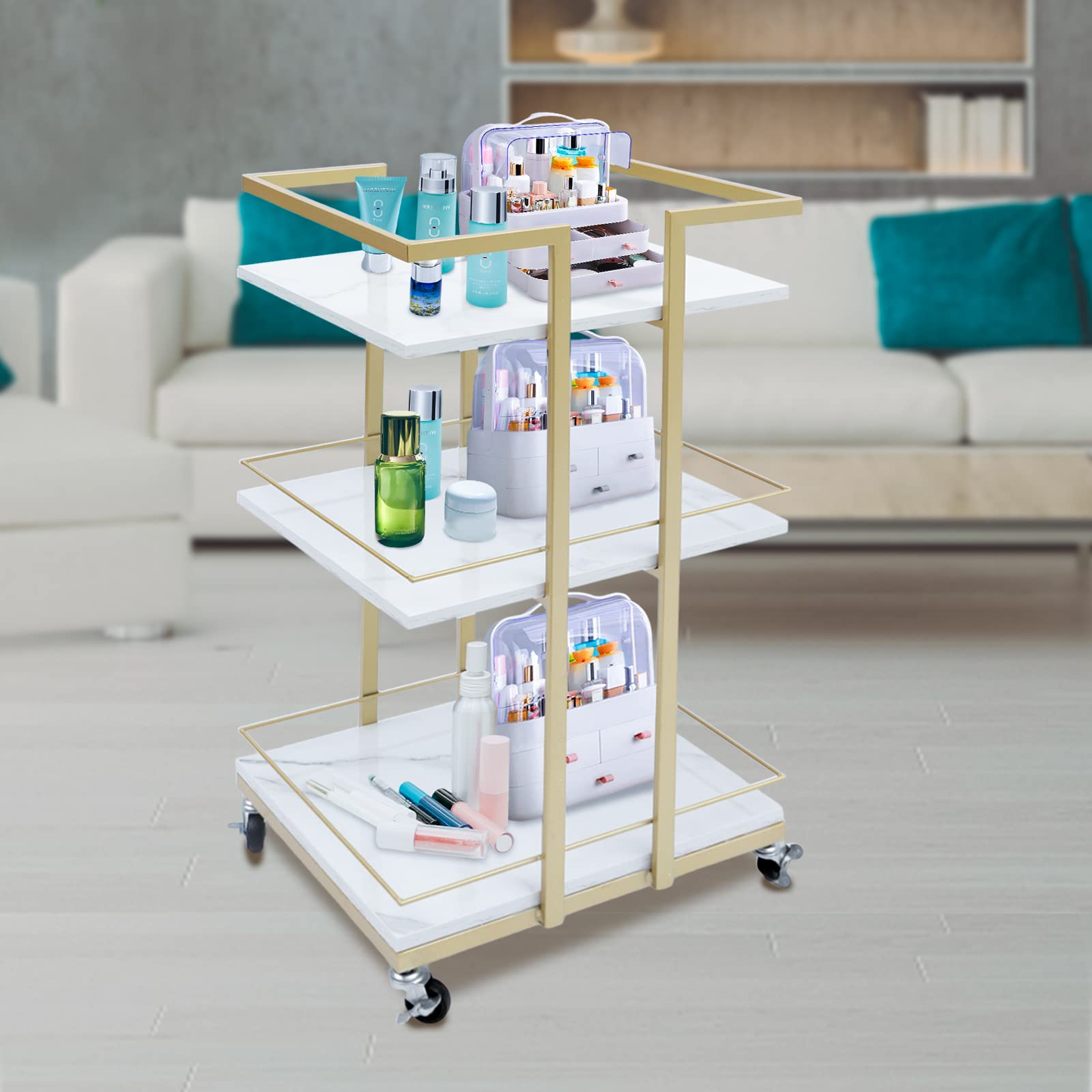 3 Tier Rolling Cart, Utility Manicure Trolley, Open Design Metal Storage Rolling Barber Cart for Kitchen, Living Room, Studio, Bedroom, Balcony, Universal Wheels with Lock