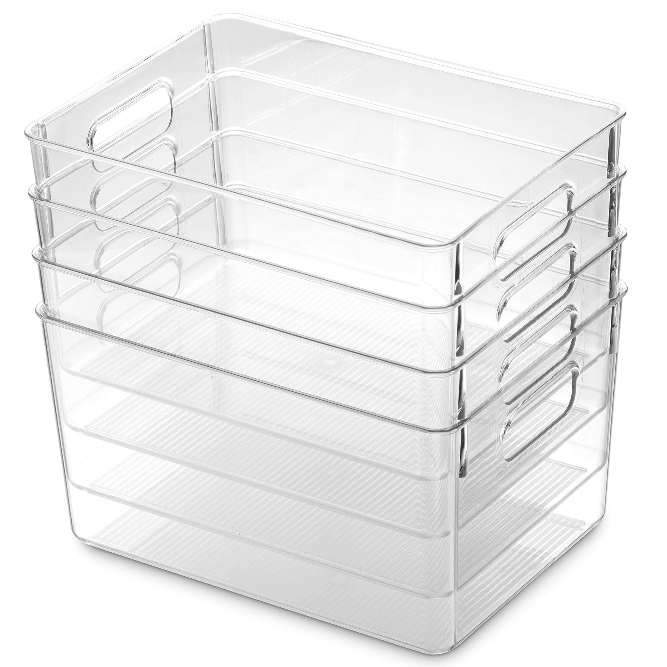 4 Pack Clear Storage Bins,11.25"x 7.5"x 6", Refrigerator Freezer Food Organizer Bins, Bathroom Cabinet Organization, Under Sink Shelf Organizer, Fridge Organizer, Acrylic Office Organizing Bins