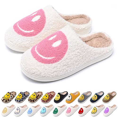 AIMINUO Women's Men's Retro Preppy Happy Face Slippers Comfy Warm Plush Slip-On House Slipper for Winter Indoor Soft Cushion Non-slip Fluffy Slides Slippers White-Pink 8.5-9.5 Women/8-9 Men