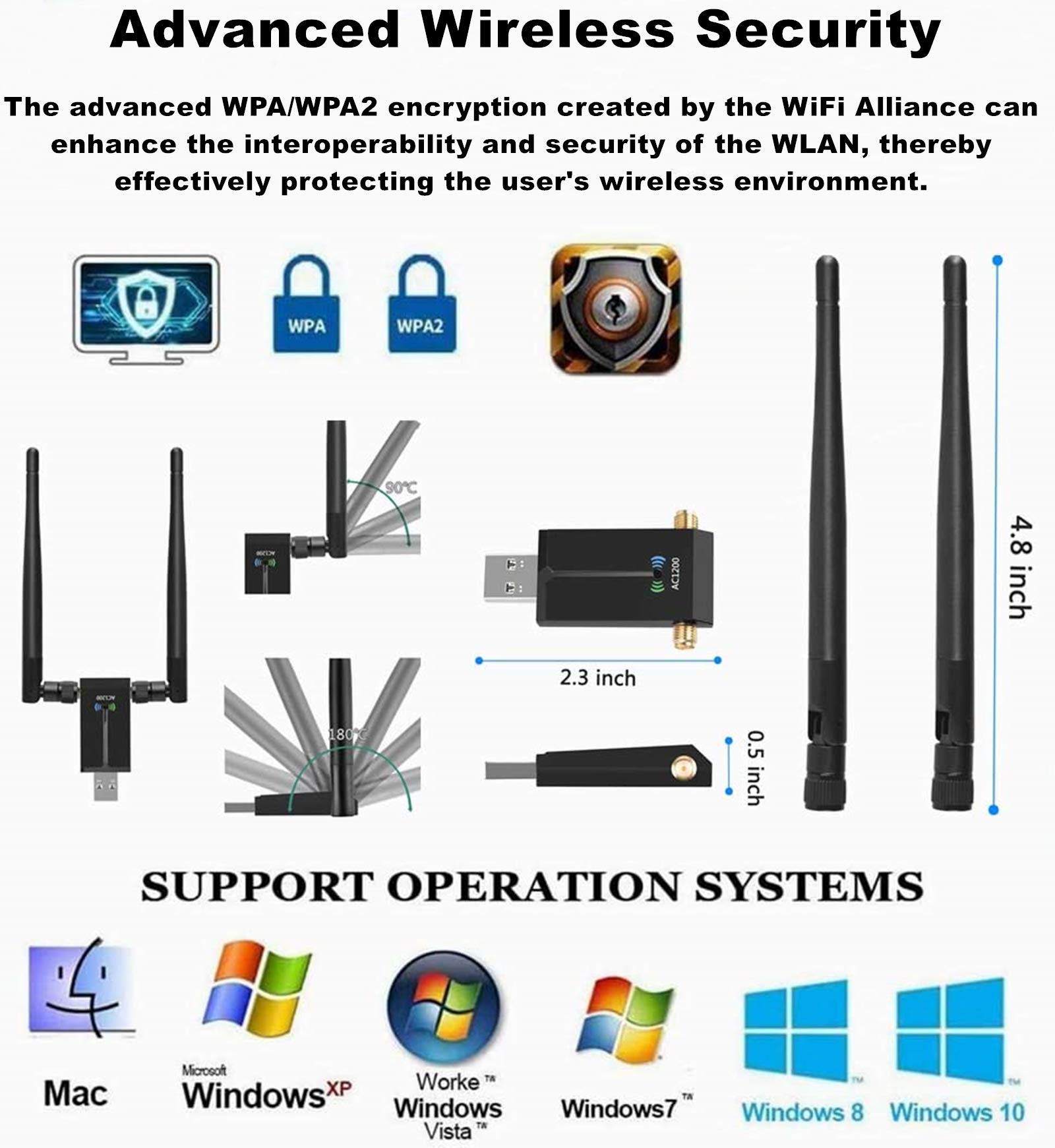 USB WiFi Adapter for PC, 1200Mbps USB 3.0 Dual Band 2.4Ghz/5Ghz WiFi Dongle with Dual High Gain 5dBi Antenna and USB3.0 Dock Wireless Network Adapter for Desktop/Laptop Supports Windows/Mac OS/Ubuntu